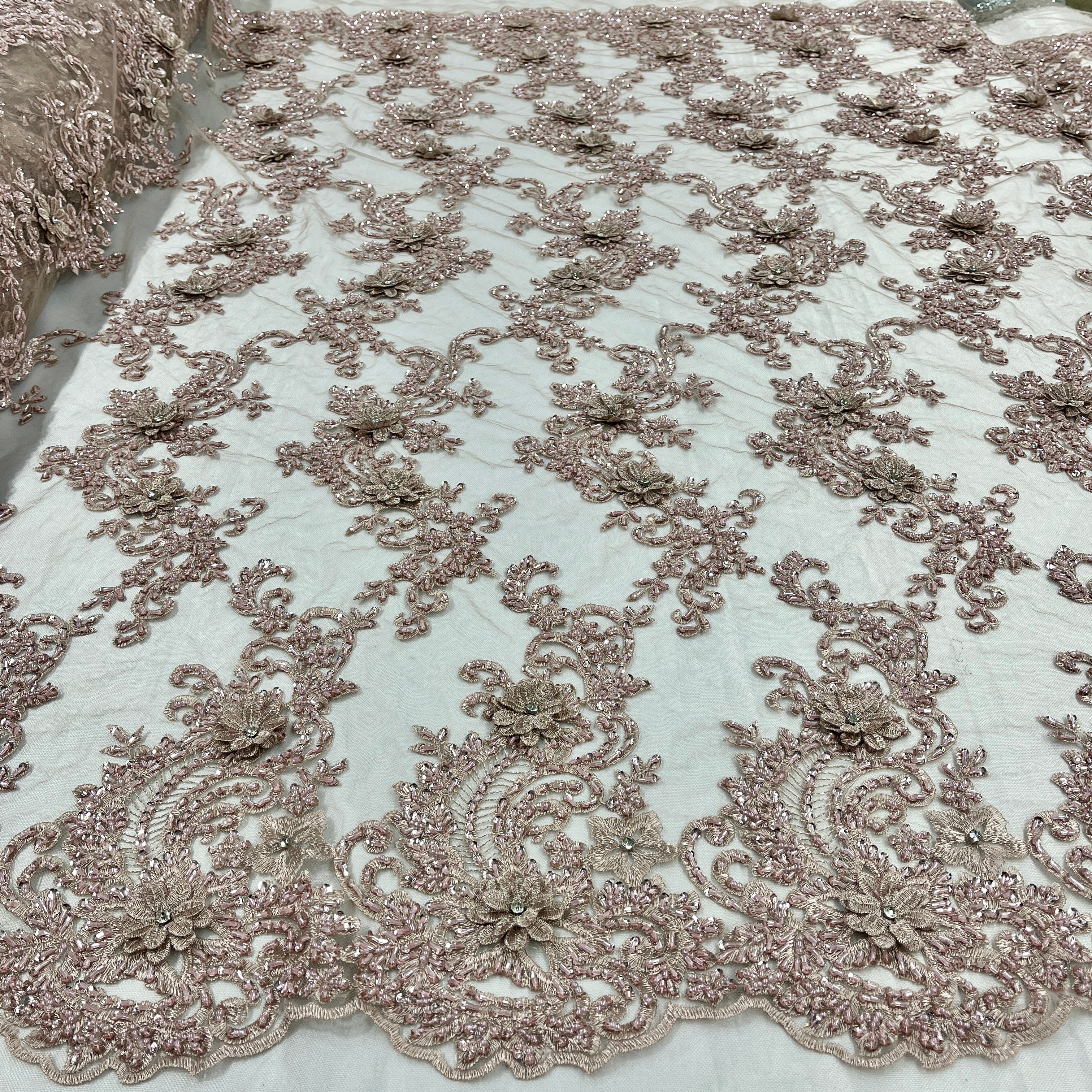 Beaded 3D Floral Lace Fabric Embroidered on Mesh | Lace USA - GD-2302
