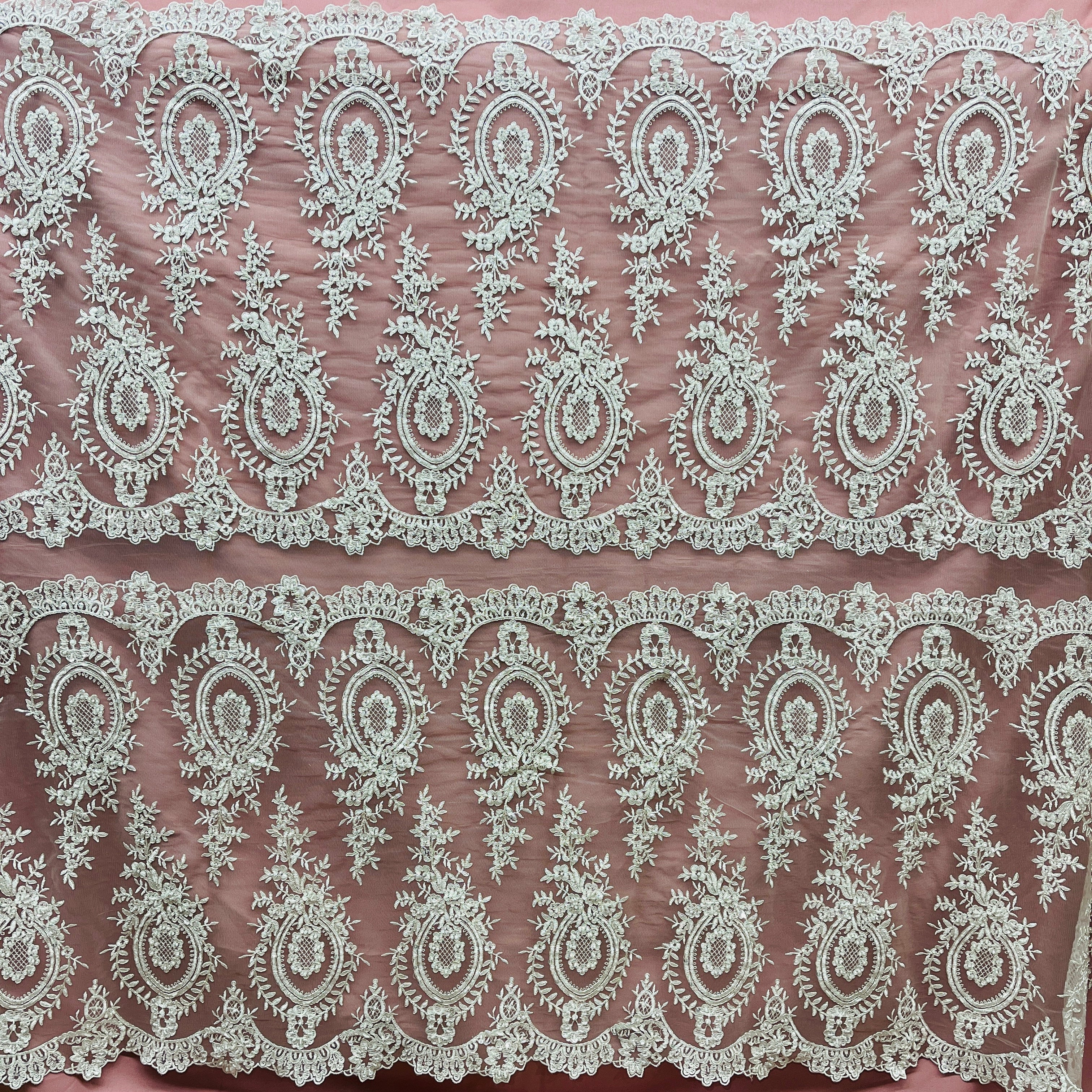 Beaded & Corded Lace Fabric Embroidered on Mesh| Lace USA - 97055W-BPB
