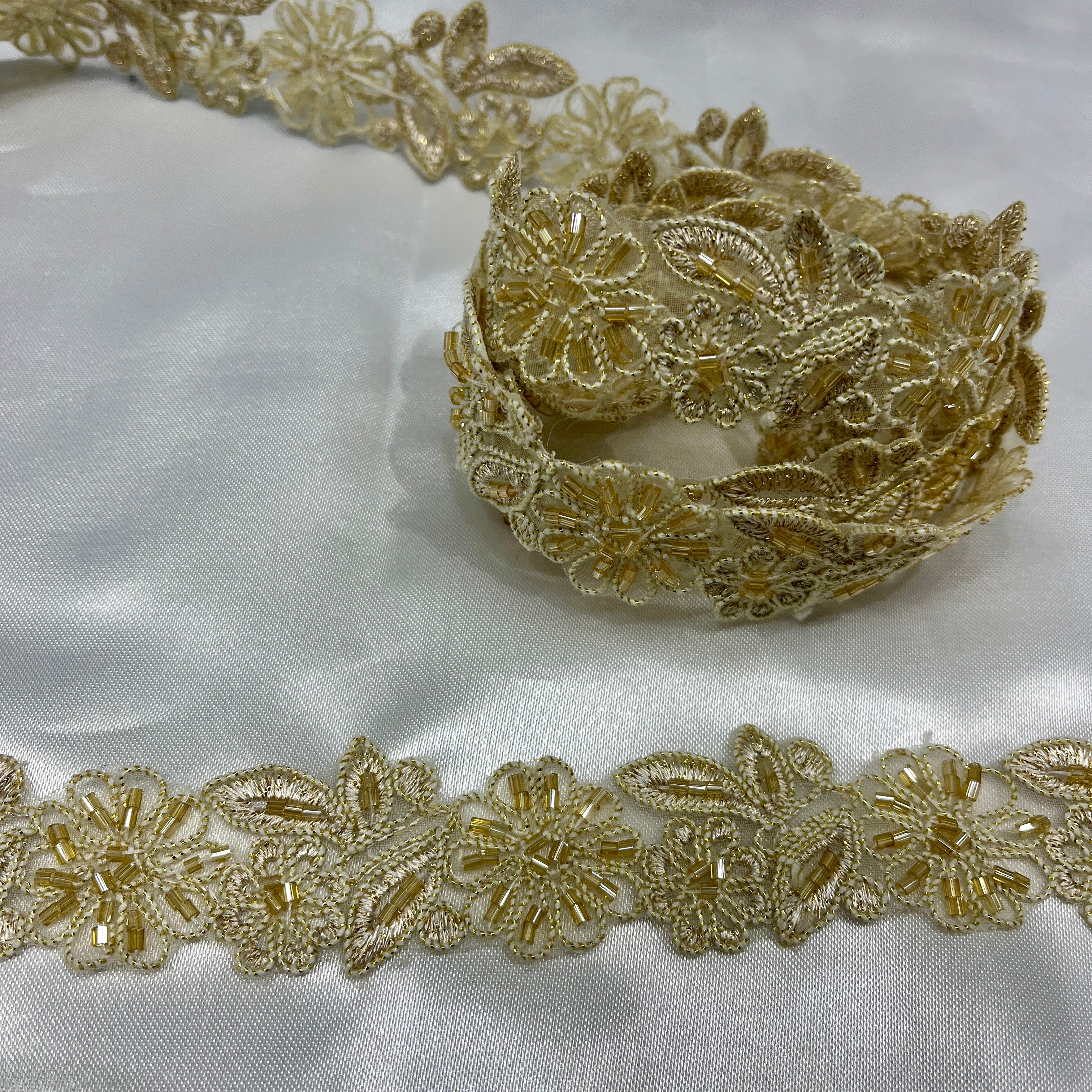 Beaded & Corded Lace Trimming Embroidered on Net| Lace USA - 95676N-BP