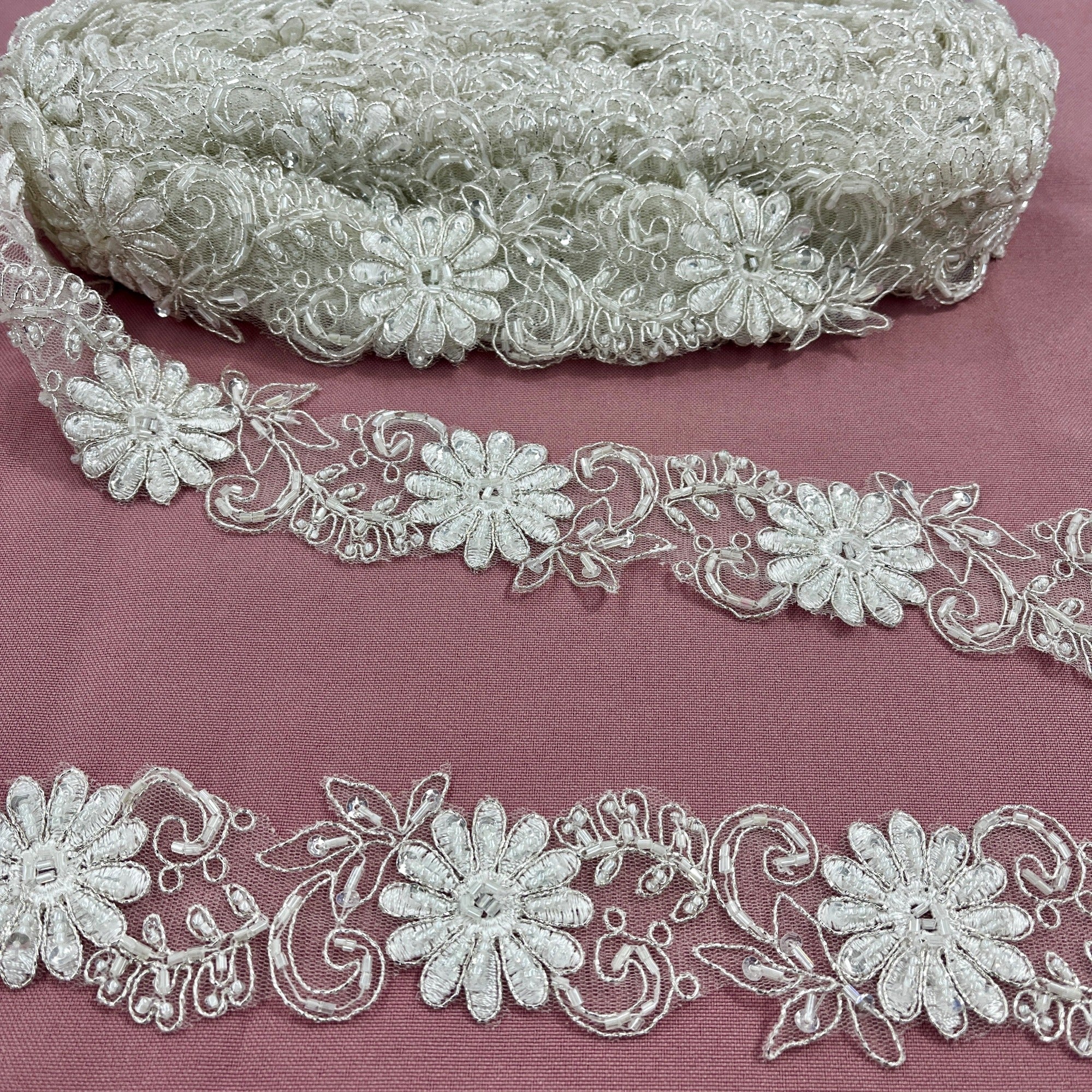 Beaded & Corded Lace Trimming Embroidered on 100% Polyester Net Mesh ...