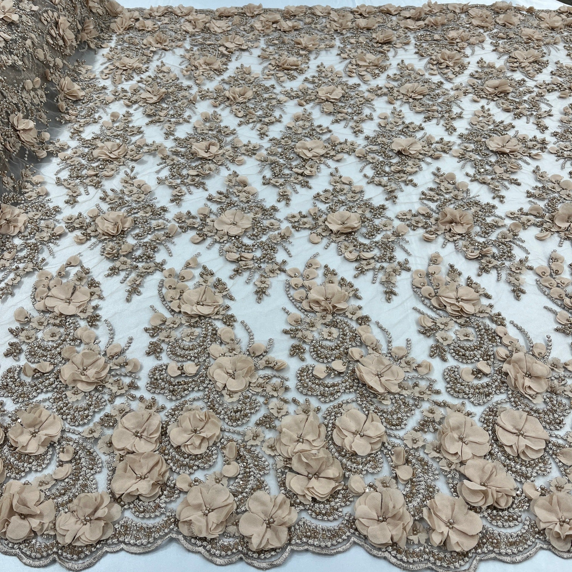 Beaded 3D Floral Lace Fabric Embroidered on 100% Polyester Net Mesh ...