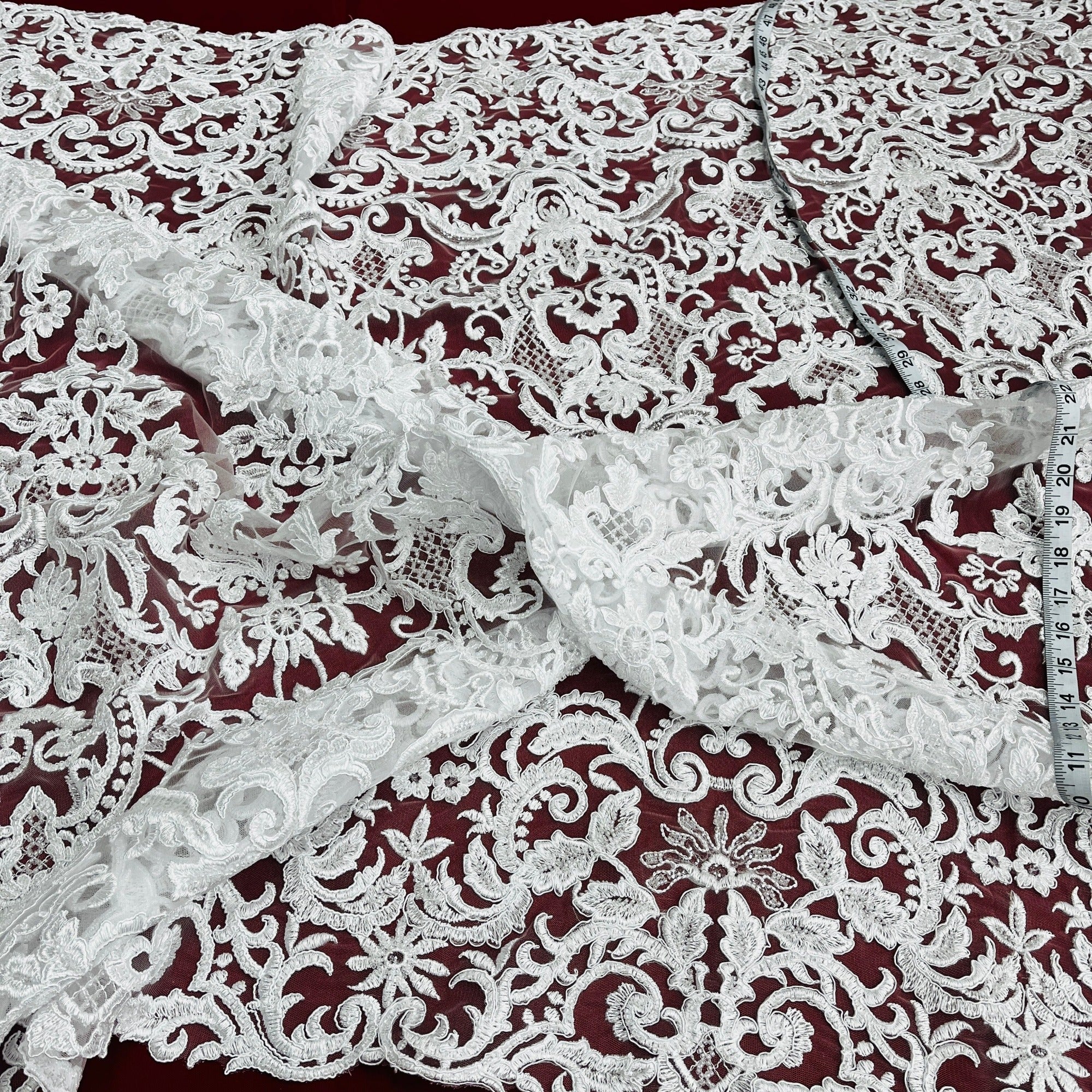 Beaded & Corded Bridal Lace Fabric Embroidered on 100% Polyester Net M ...