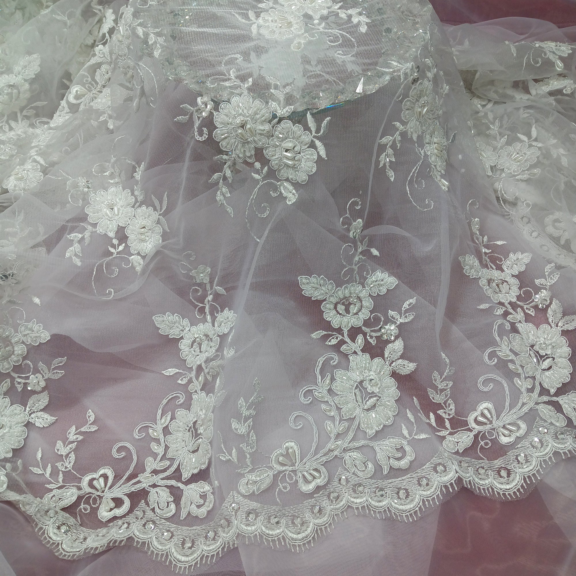 Bridal Lace Fabric with Beading and Corded Embroidery - Lace USA