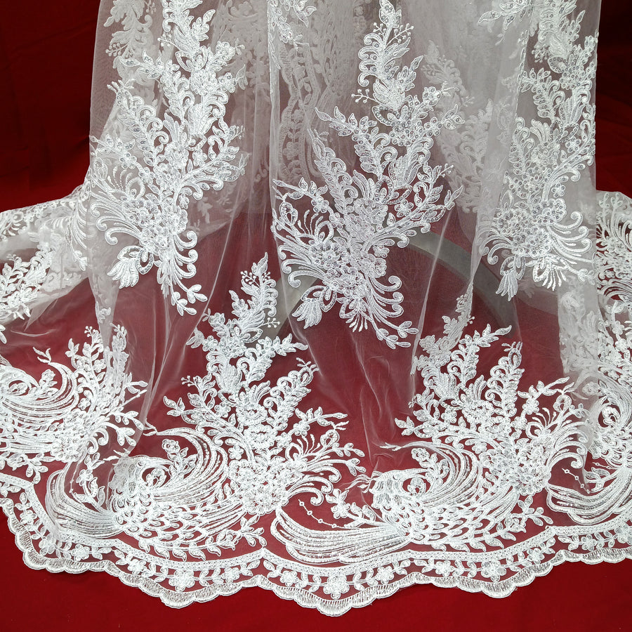 Beaded & Corded Bridal Lace Fabric Embroidered on 100% Polyester Net M ...