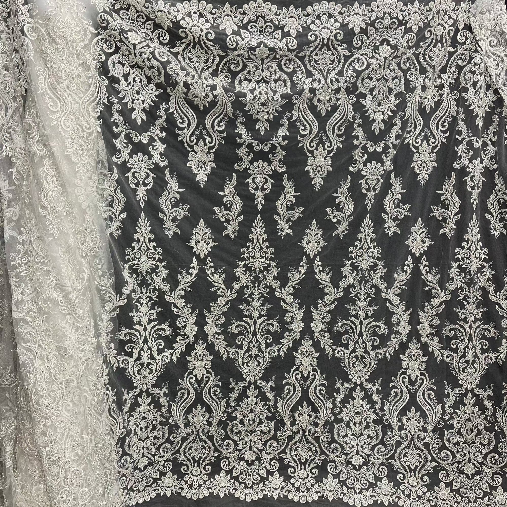 Beaded & Sequined Lace Fabric Embroidered on 100% Polyester Net Mesh ...