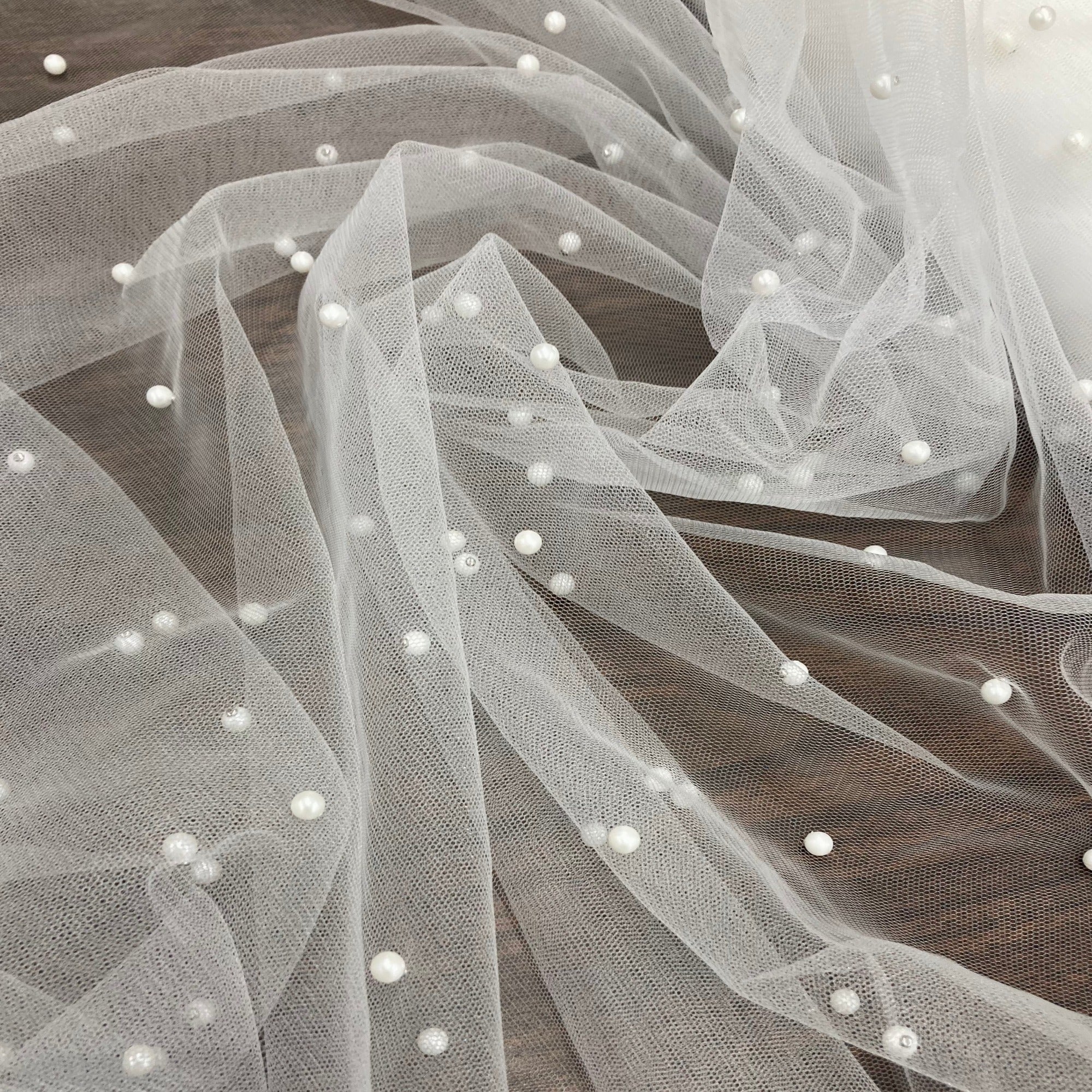 100% Polyester 2-Way Stretch Net Mesh with Scattered Pearls | Lace USA