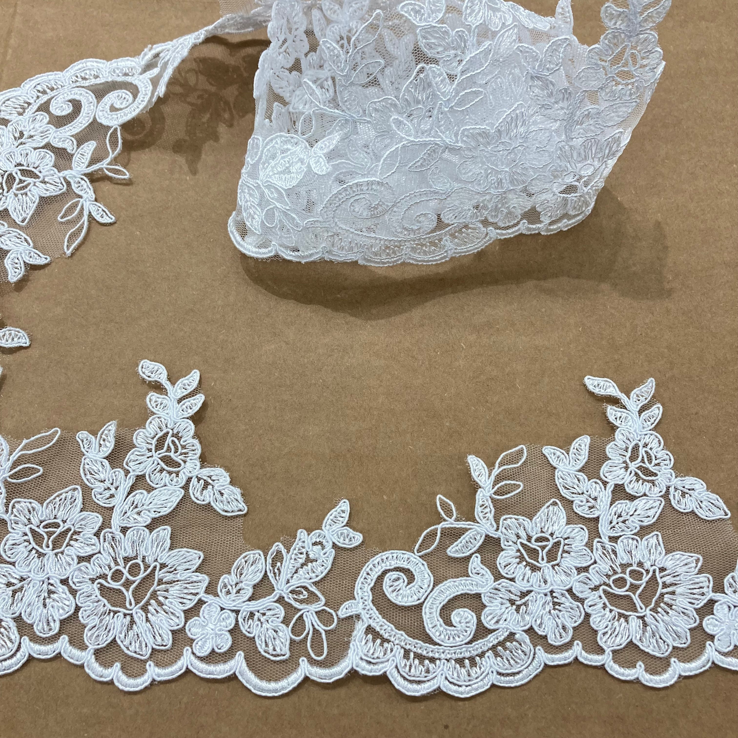 Corded Lace Trimming Embroidered on 100% Polyester Net Mesh | Lace USA