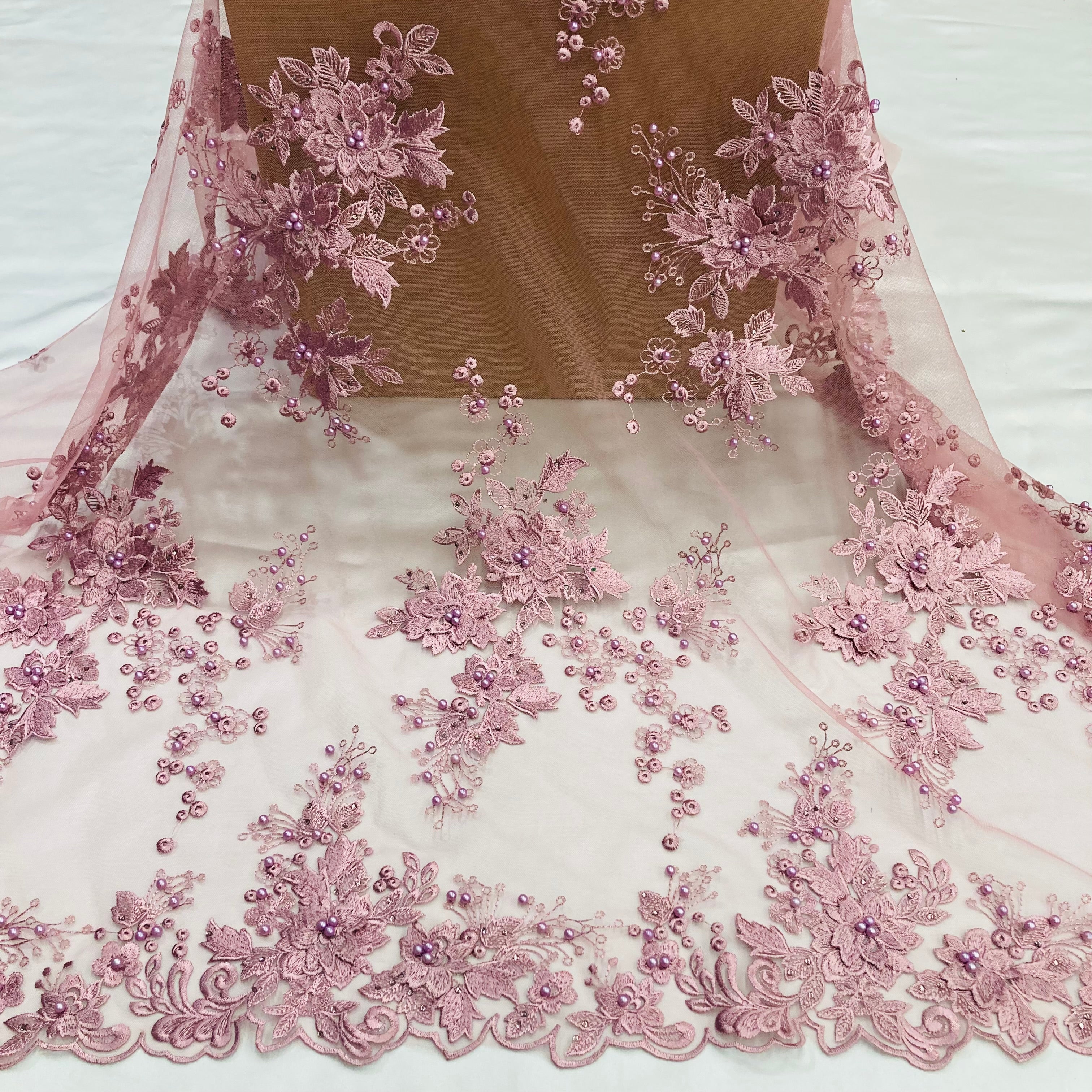 Beaded 3D Floral Lace Fabric Embroidered on 100% Polyester Net Mesh ...